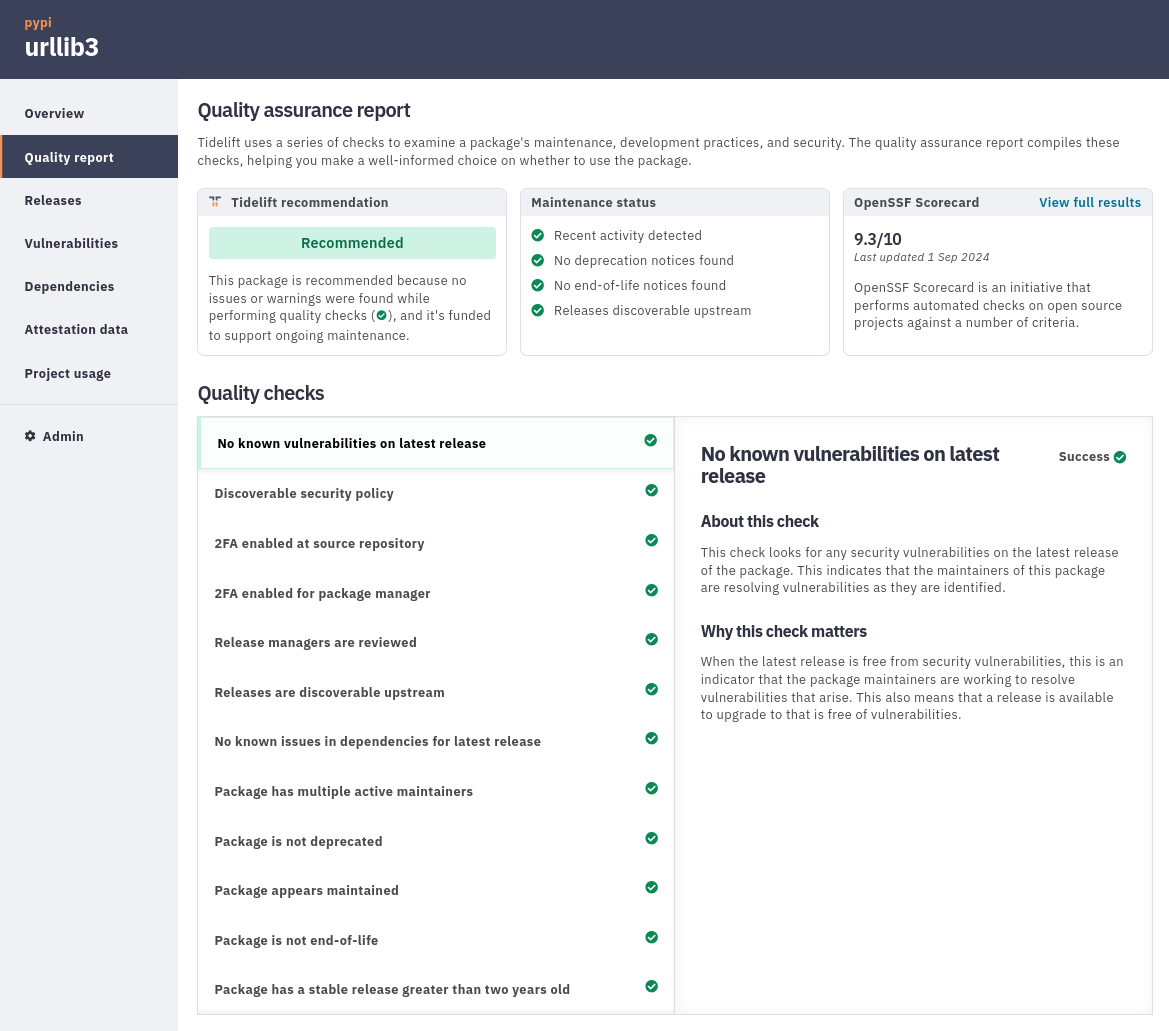 Quality assurance report – Tidelift